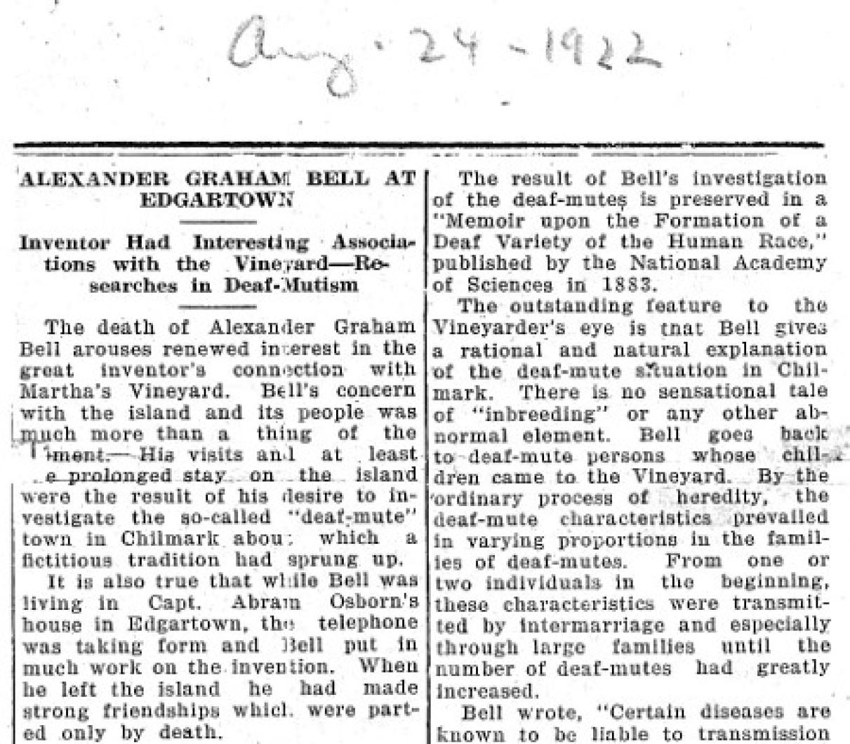 Vineyard Gazette | Hereditary Deafness | Alexander Graham Bell At Edgartown